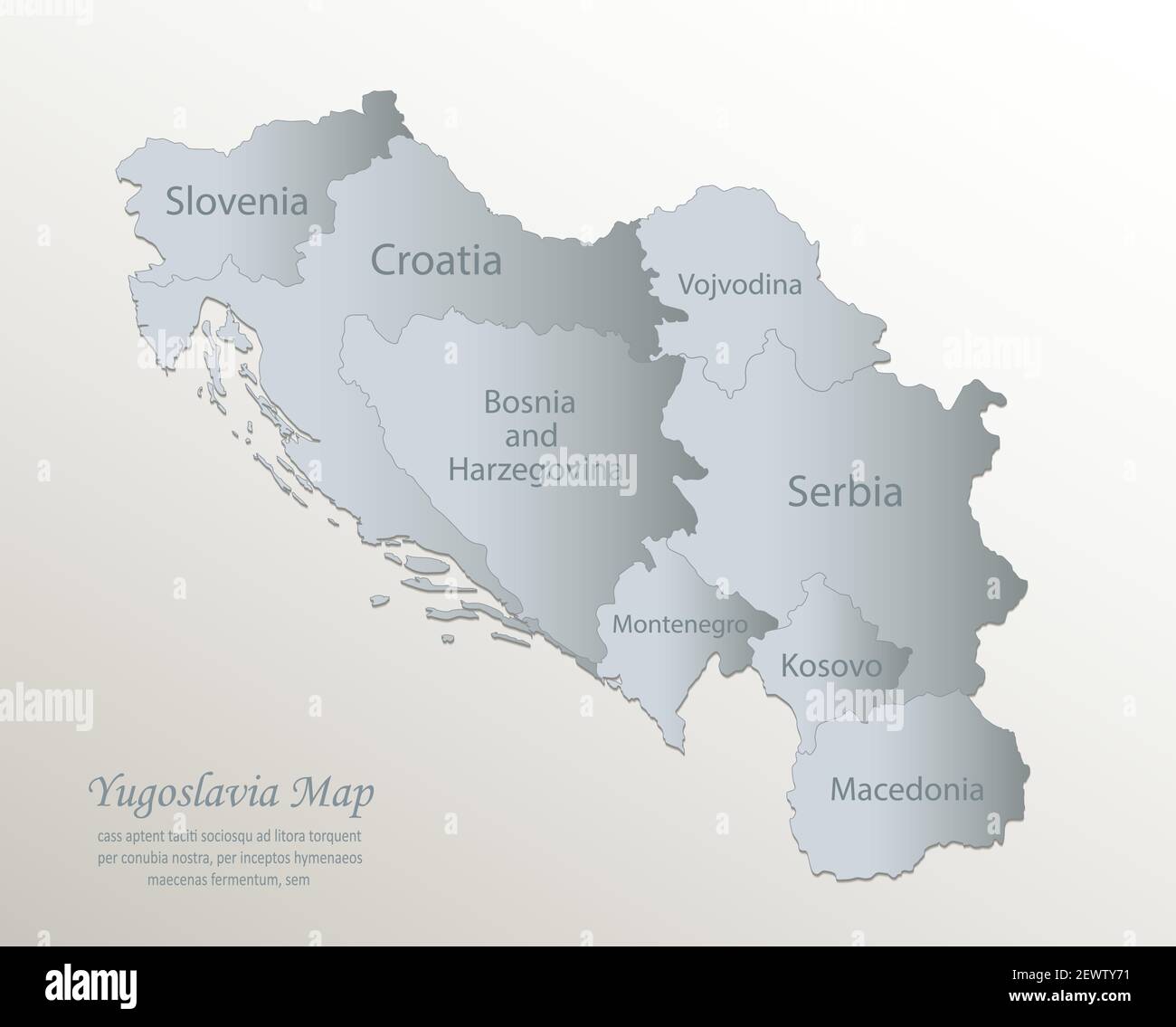 Yugoslavia map, administrative division with names, white blue card ...