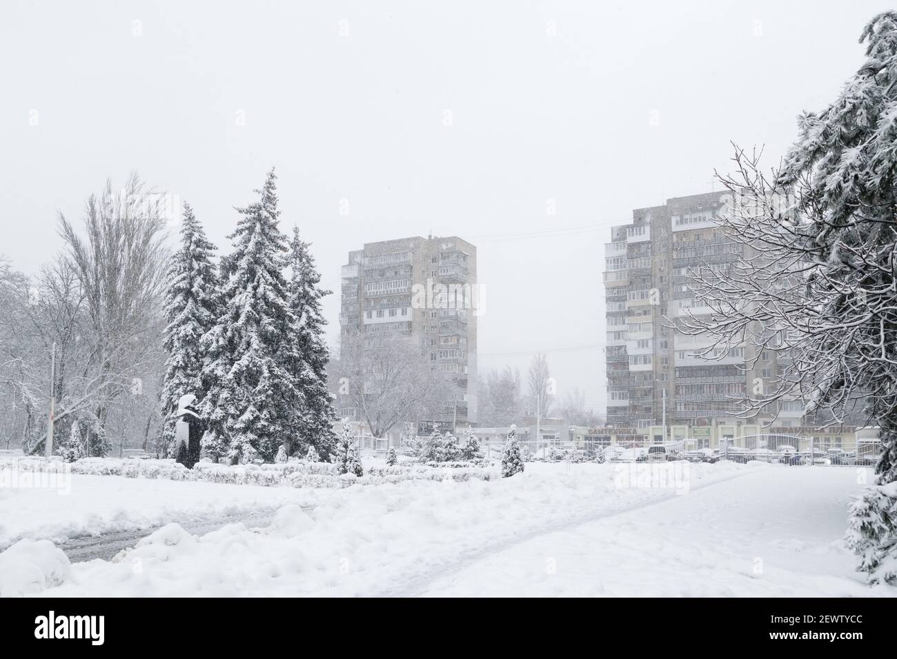 Snow-covered winter street in a city, trees covered with ice and snow ...