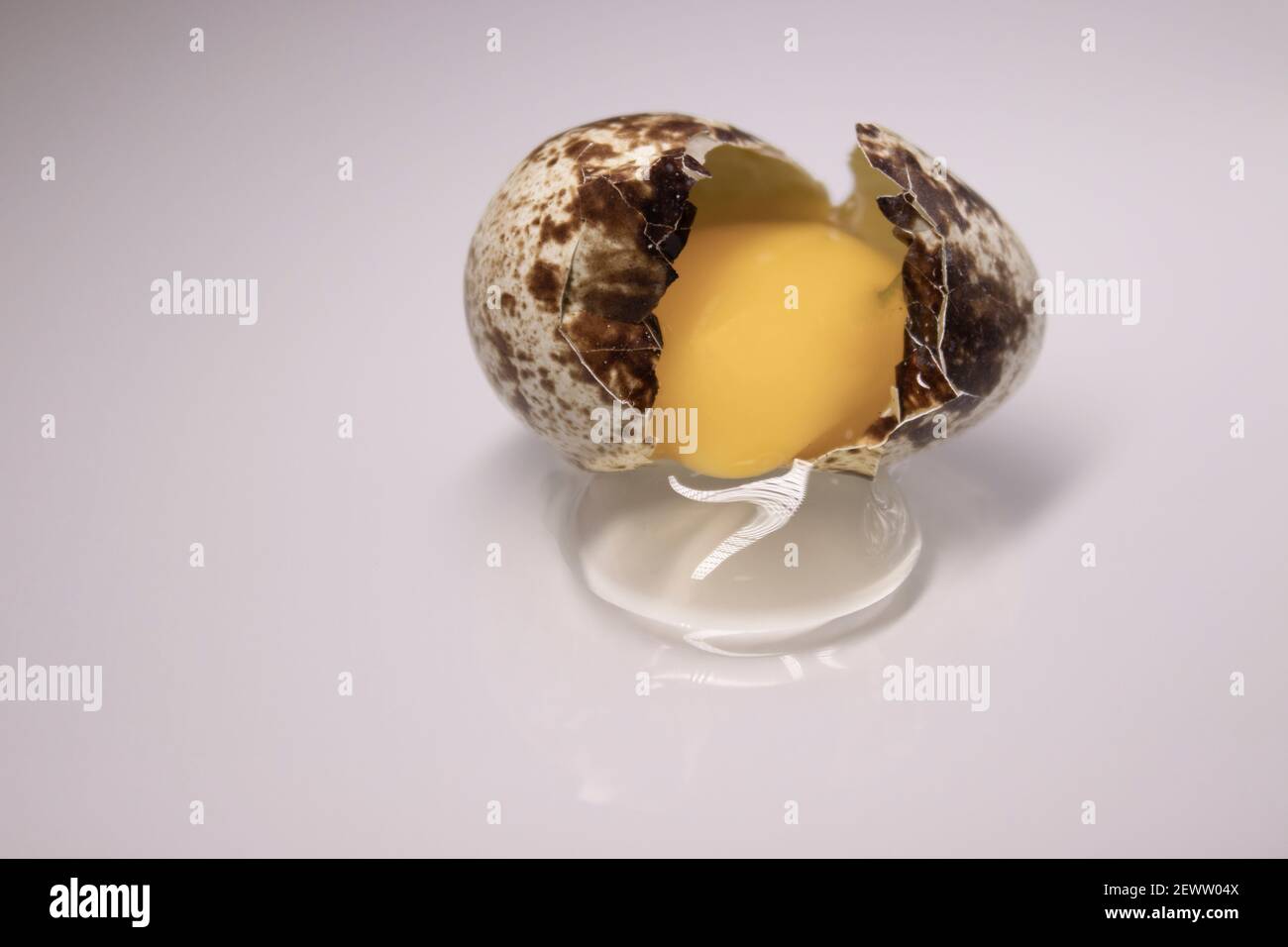 broken Quail egg isolated on white background with leaking white and ...