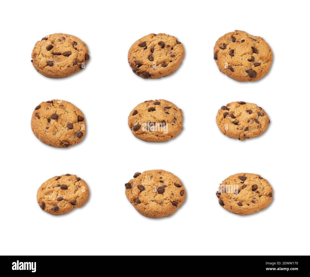Nine different chocolate chip cookies isolated over white background ...