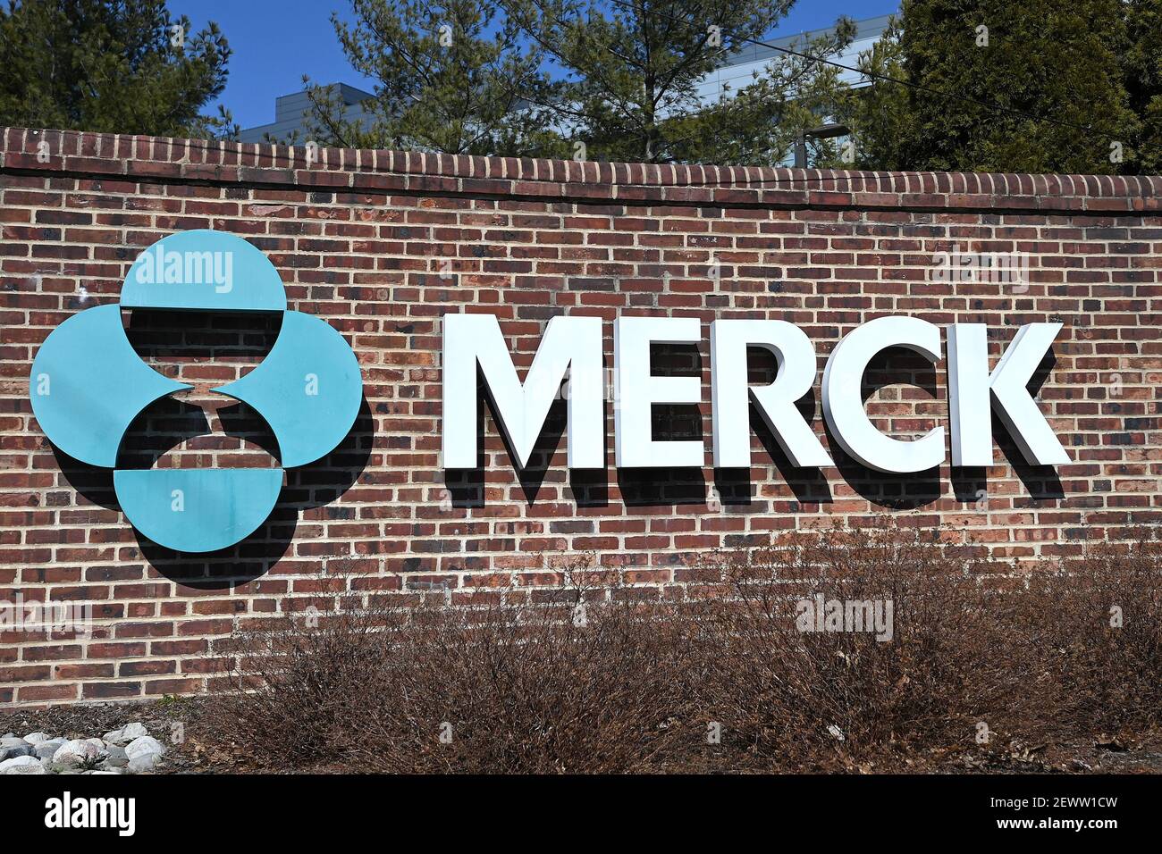 A view of Merck & Co. Pharmaceutical company name and logo outside ...