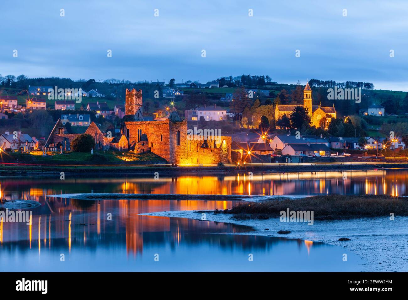 The village of Timoleague in West Cork, Ireland as evening falls ...