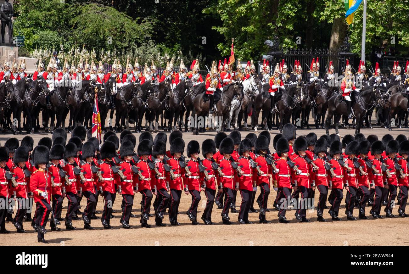 Guardsmen and women marching during Trooping the Colour annual military ...