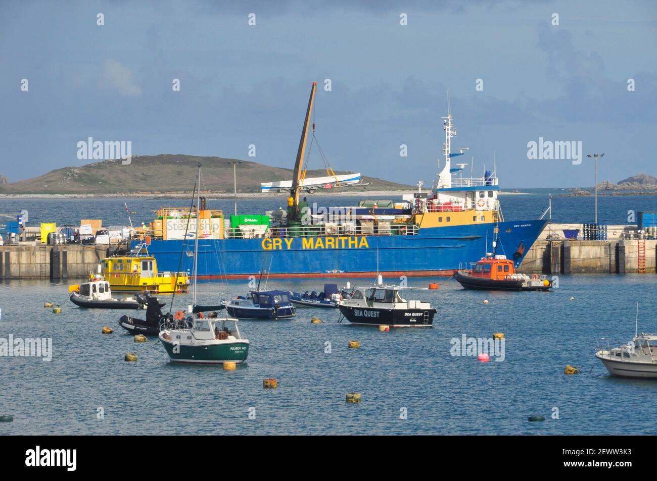 The Isles of Scilly supply ship, the Gry Maritha,loads a Gig for ...