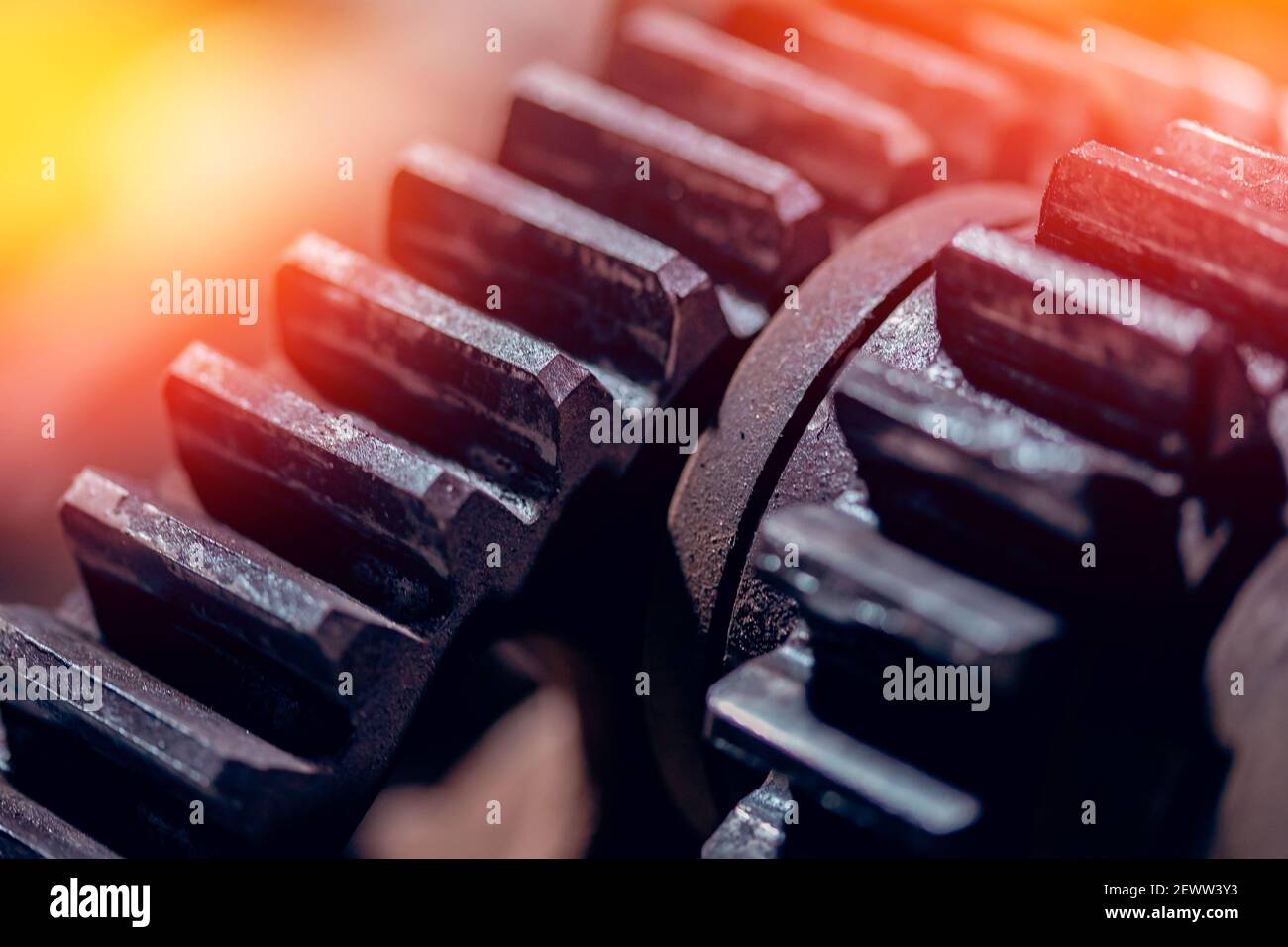 Large cog wheels in motor machine gear box, Industrial background Stock ...