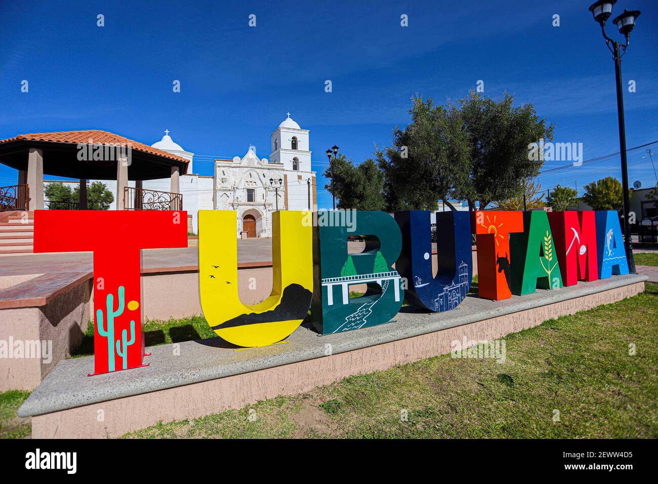 Tubutama Mexico. Monumental colored letters with the name of the ...