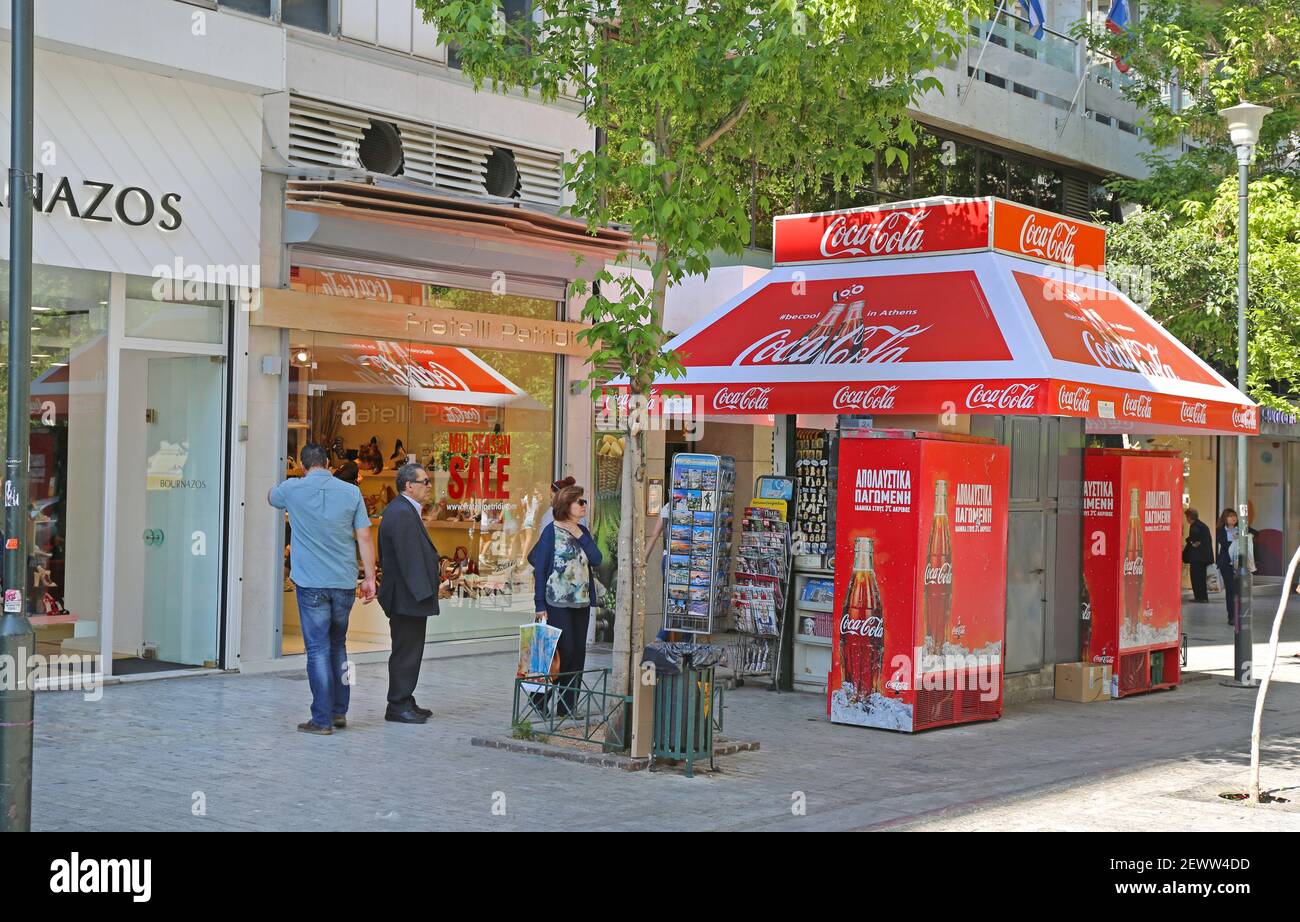 Athens, Greece - May 05, 2015: Red Kiosk Booth Coca Cola at Ermou ...