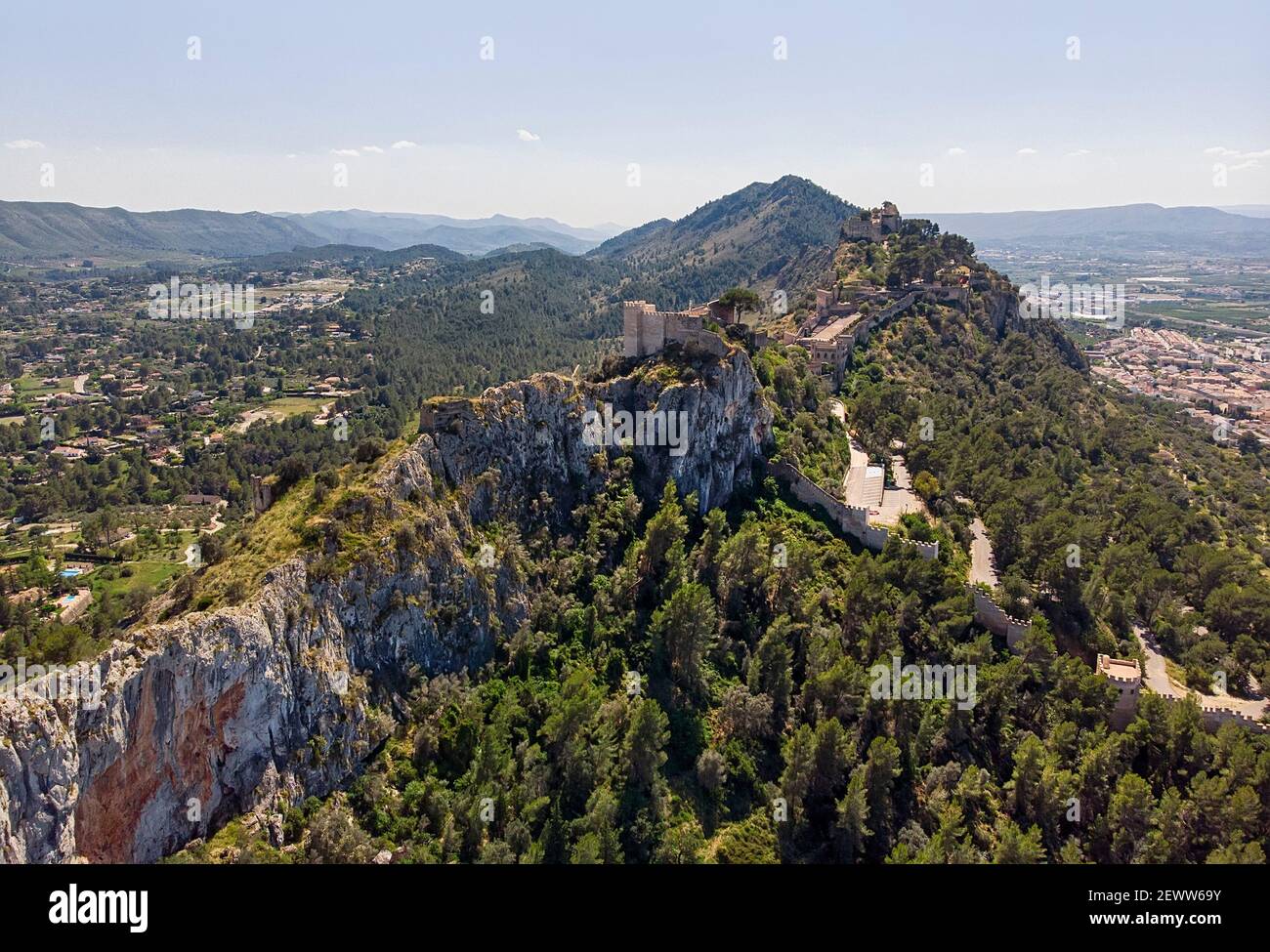 Aerial above beautiful view to the medieval Xativa castle located on ...