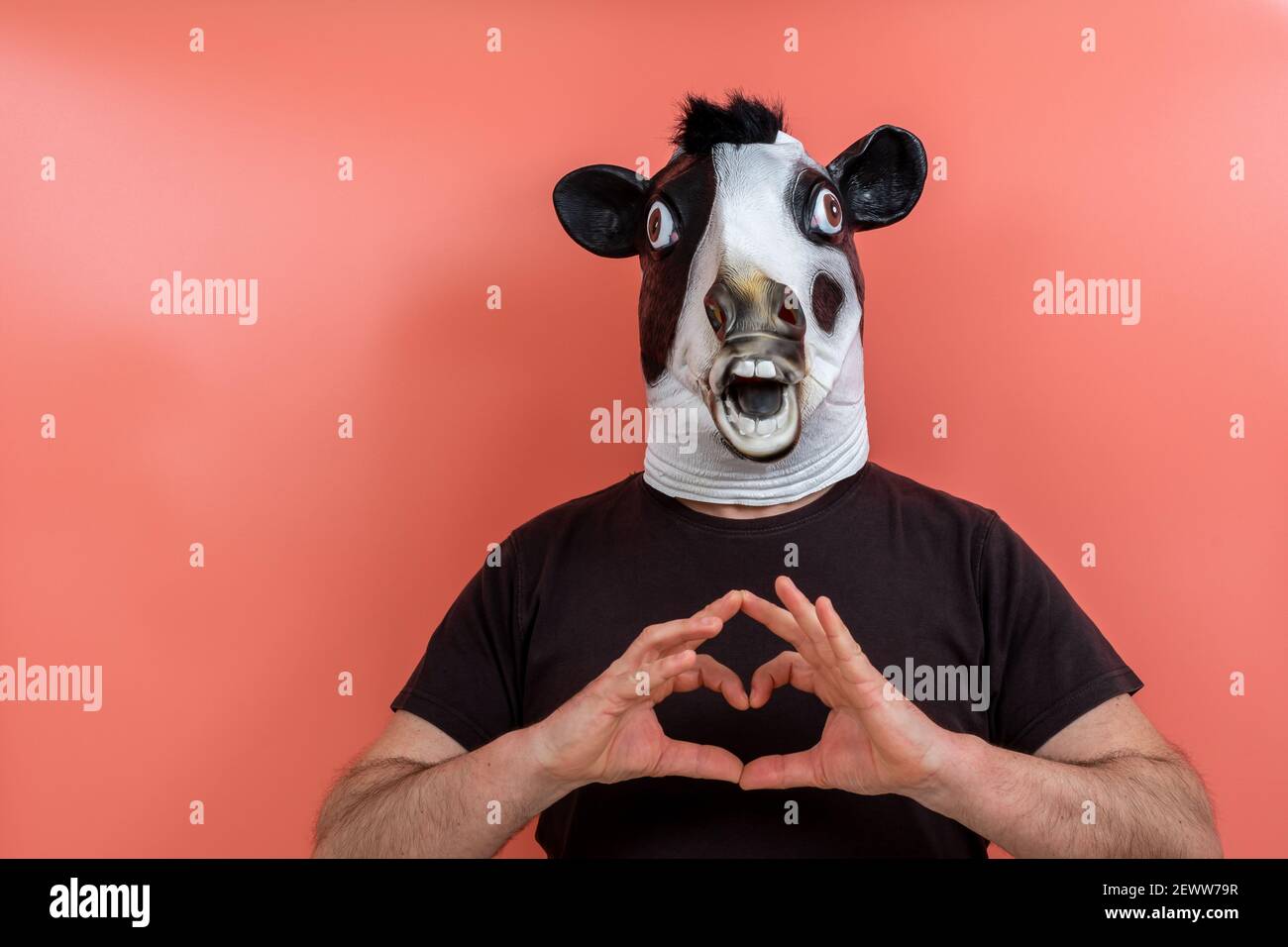 costumed person wearing a cow mask making a heart shape with hands on a ...