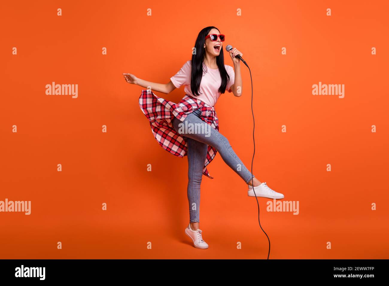 Full length profile photo of crazy positive lady arm hold mic singing ...