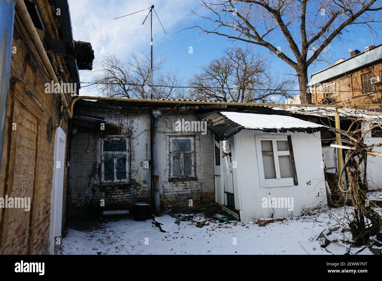 Old houses on low-rise street in old poverty part of Rostov-on-Don city ...