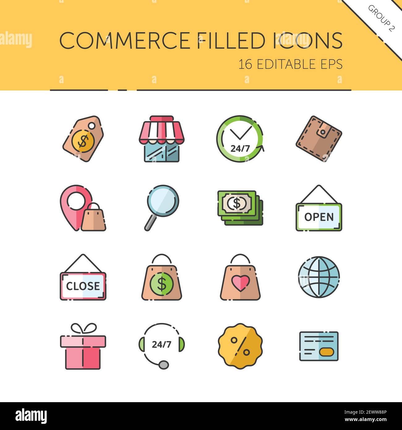 Commerce. Store, tag, wallet, pay, label, money, location and call ...