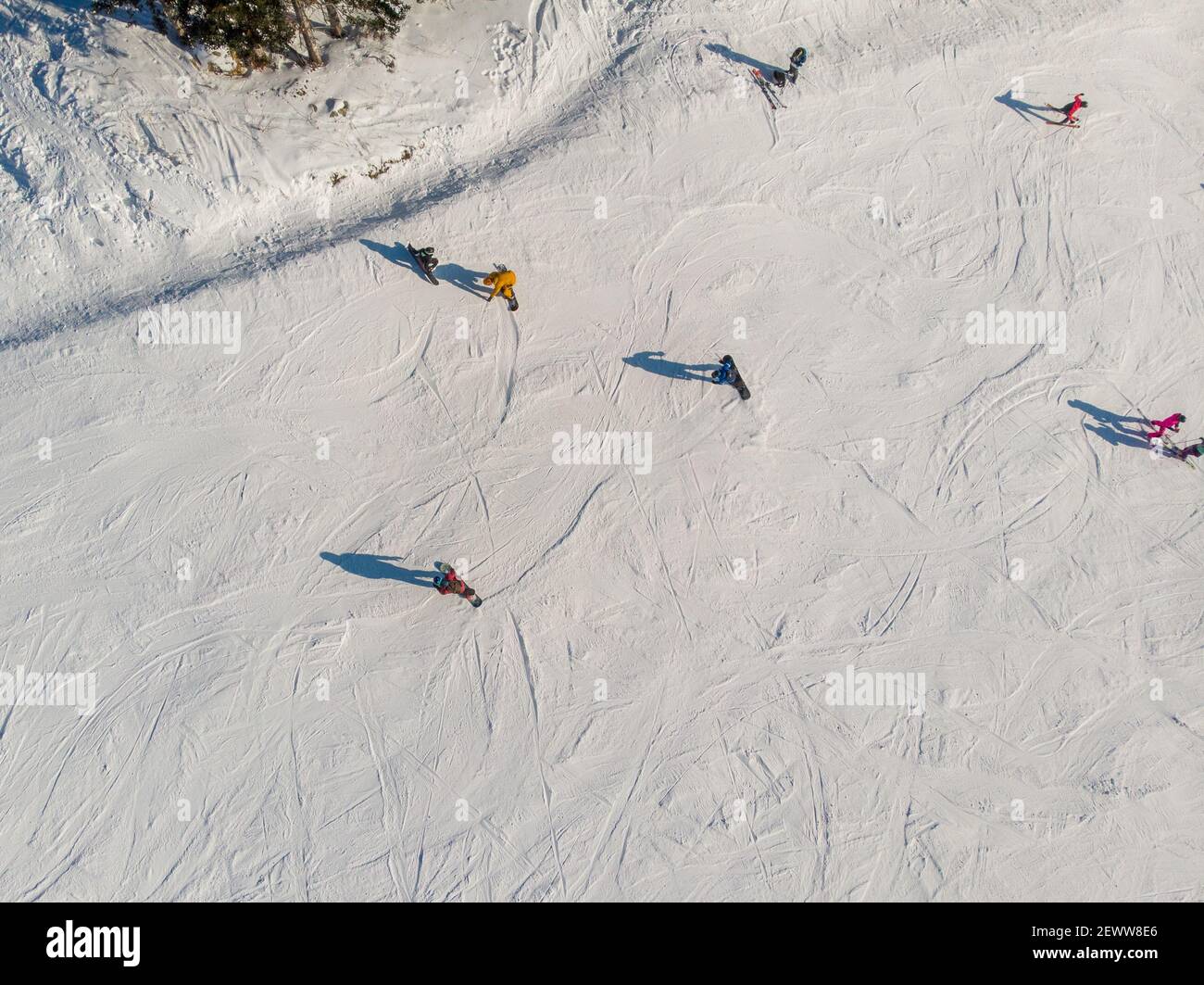Snowboarders and skiers drive down ski slope in winter through fresh ...
