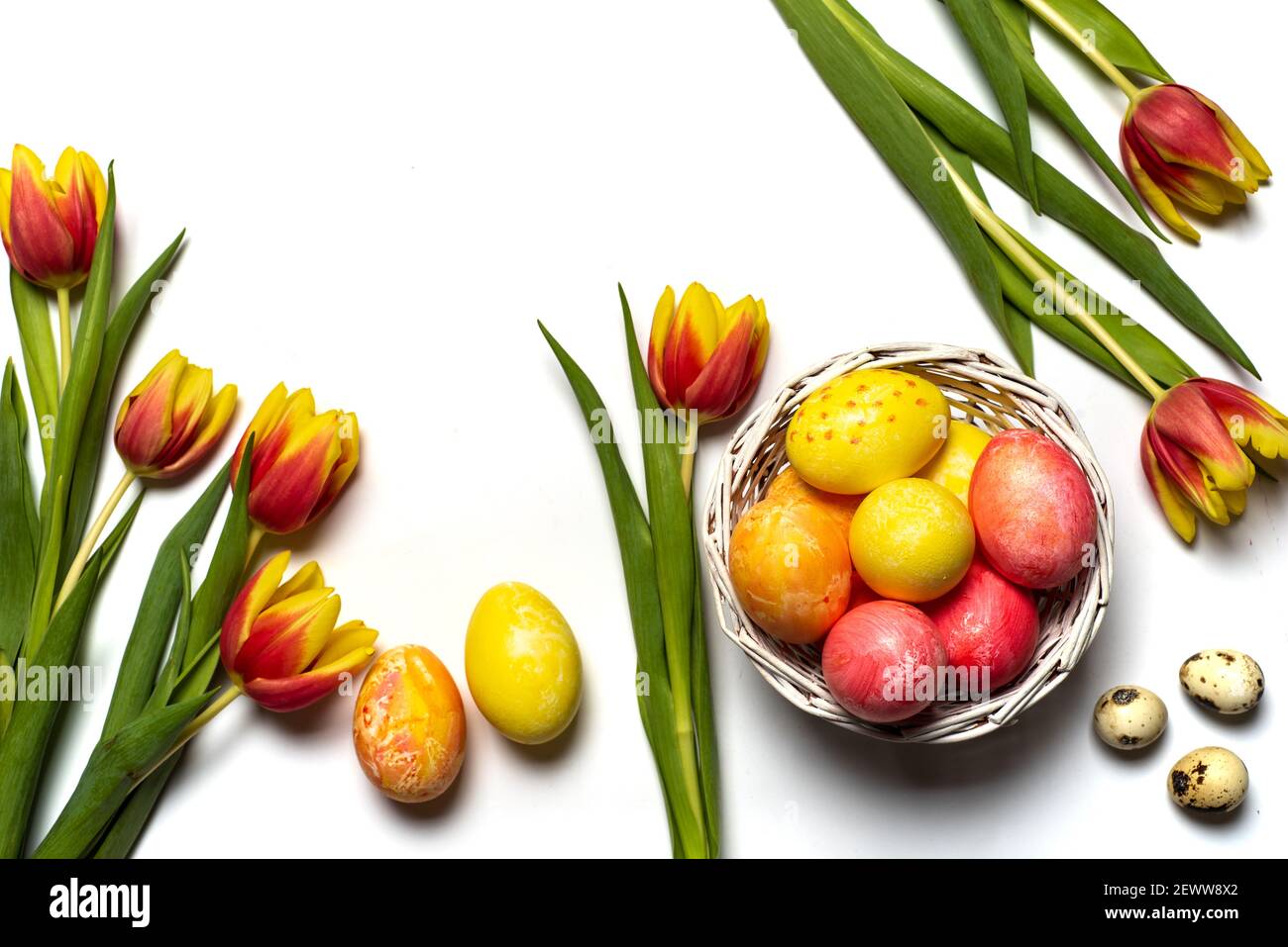 Happy Easter card with painted Easter eggs red and yellow two colored ...