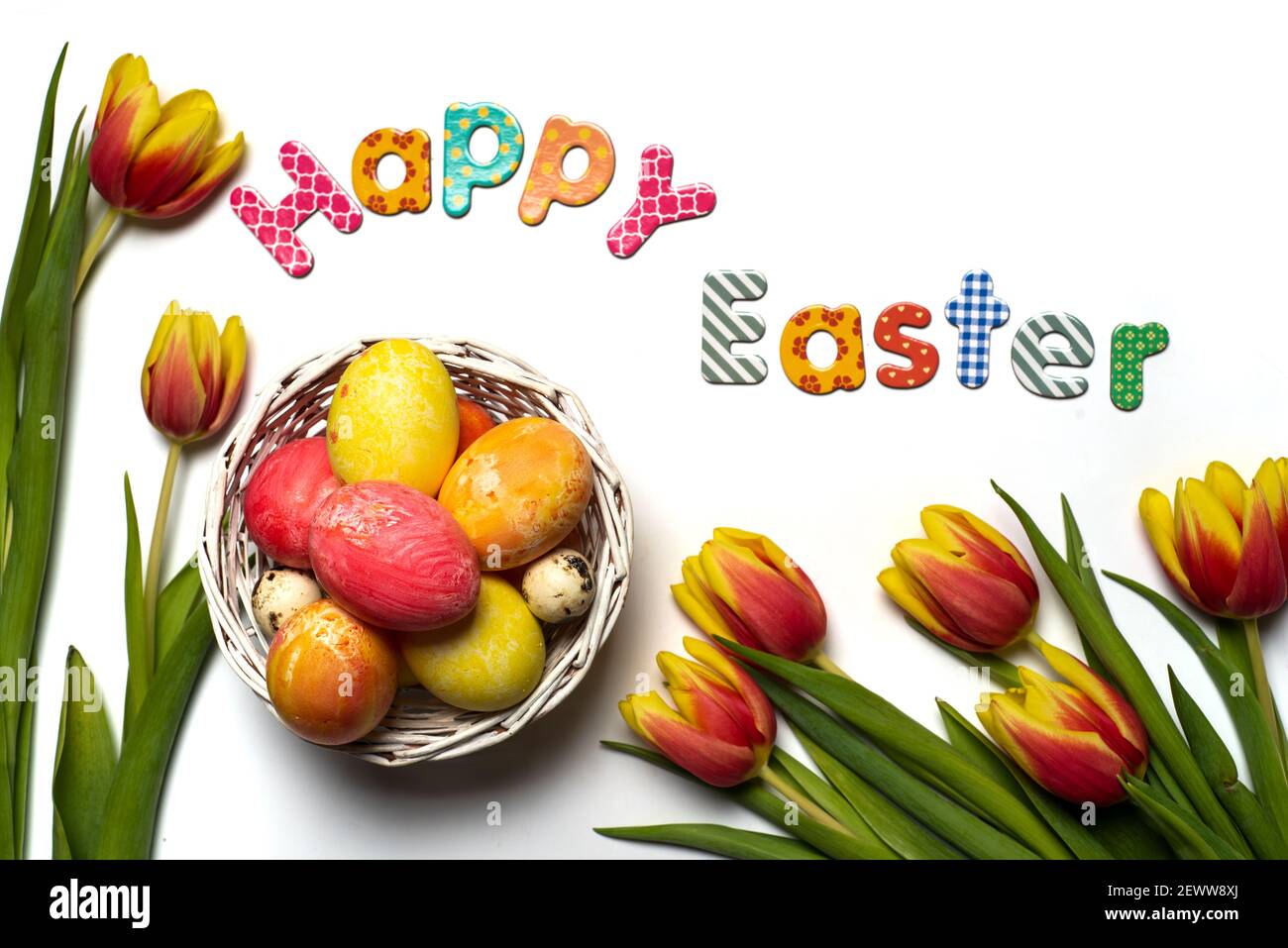 Happy Easter card with painted Easter eggs red and yellow two colored ...