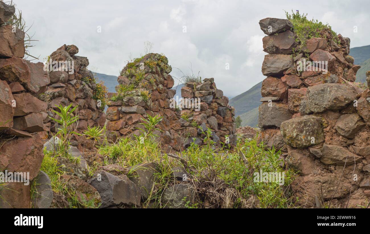Pikillaqta archaeological site, stone pillars in ruins in Cusco, Peru ...