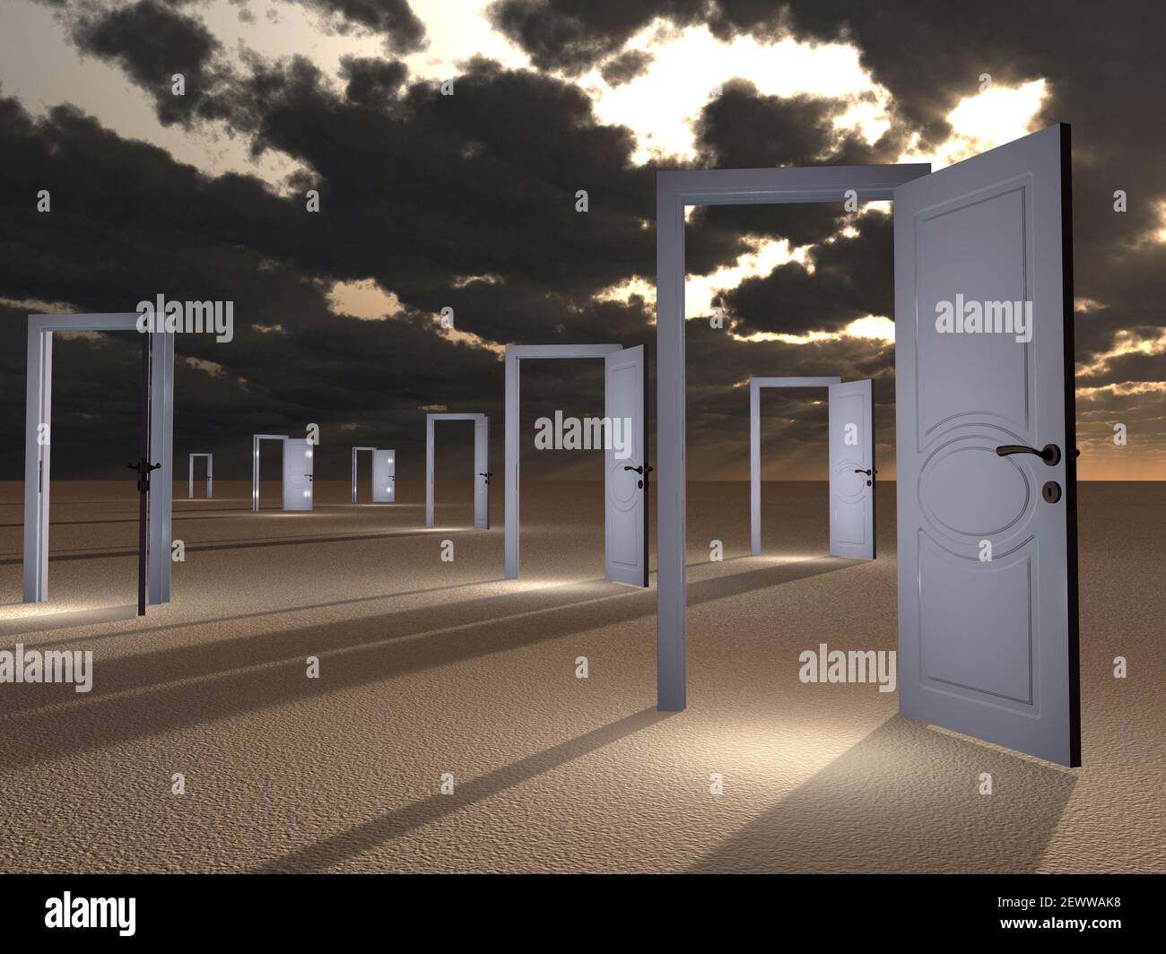 Multiple open doors in surreal landscape. Possibilities. 3d rendering ...