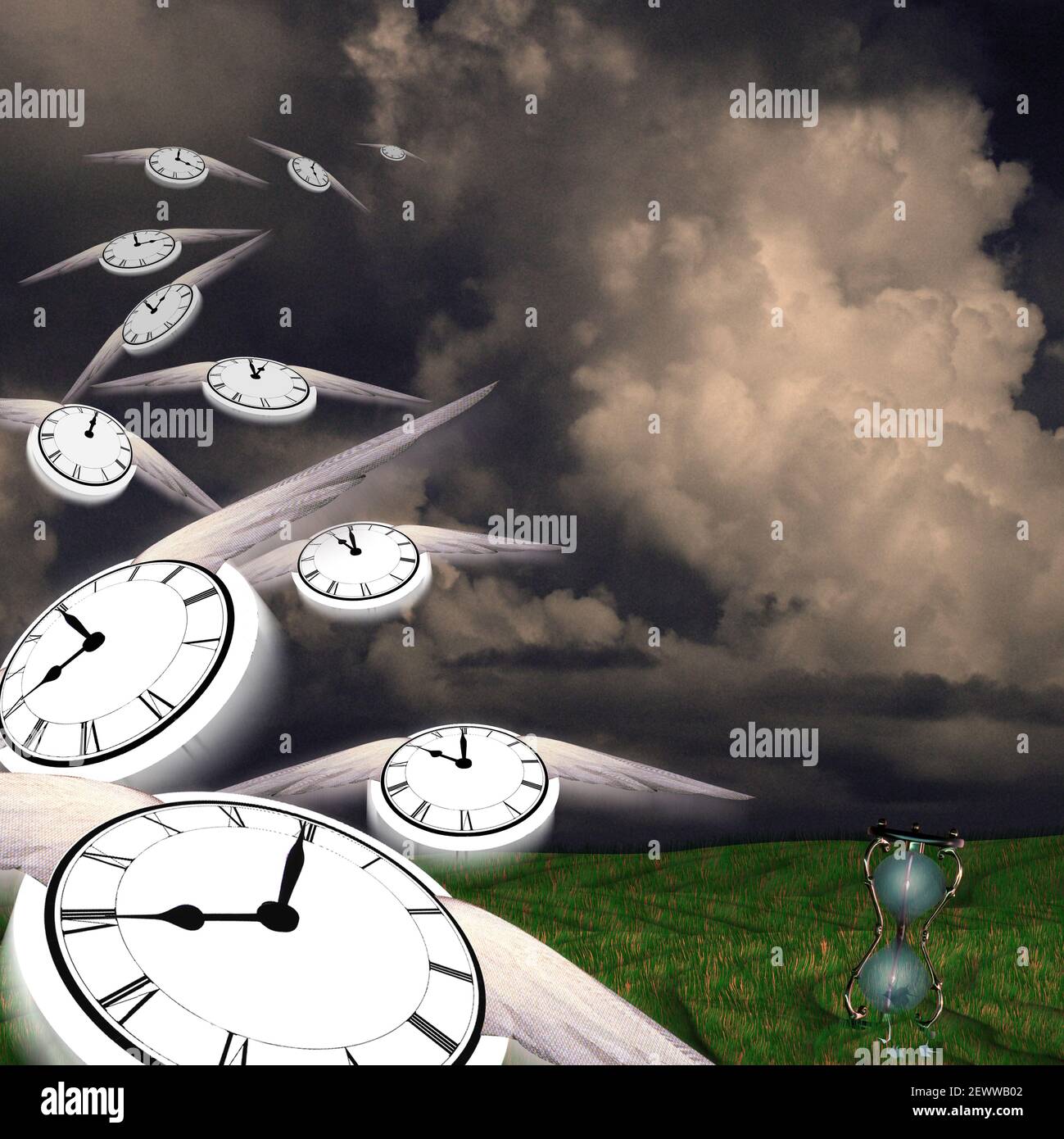 Symbolic composition. Winged clocks represent flow of time. 3D ...