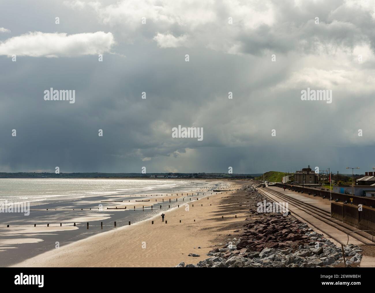 Deserted and empty Youghal Strand beach and promenade view facing South ...