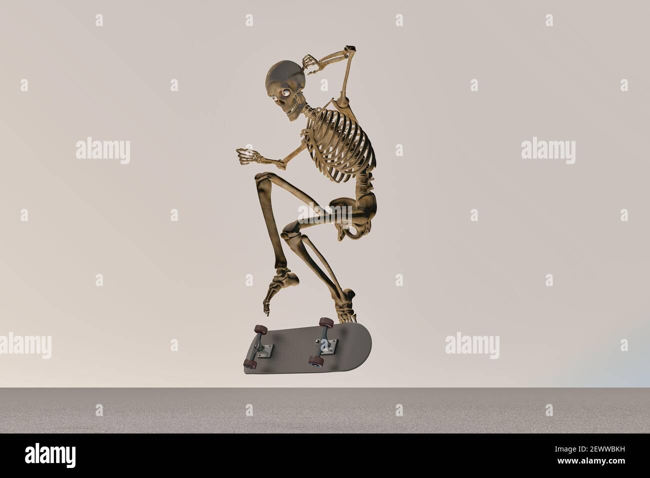 A 3D rendering illustration of a skeleton doing tricks on a skateboard ...