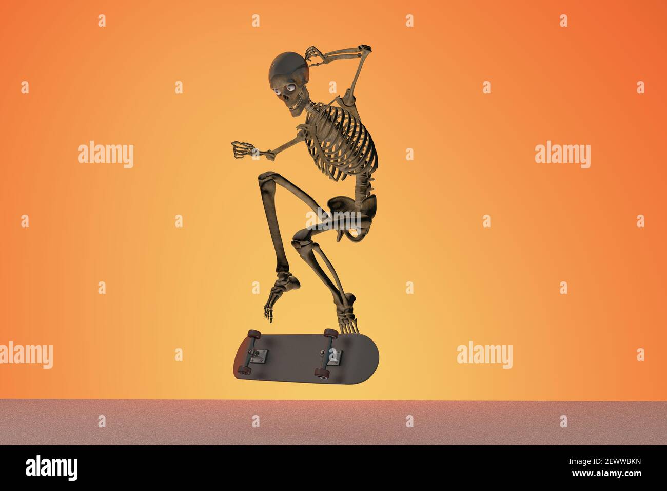 A 3D rendering illustration of a skeleton doing tricks on a skateboard ...