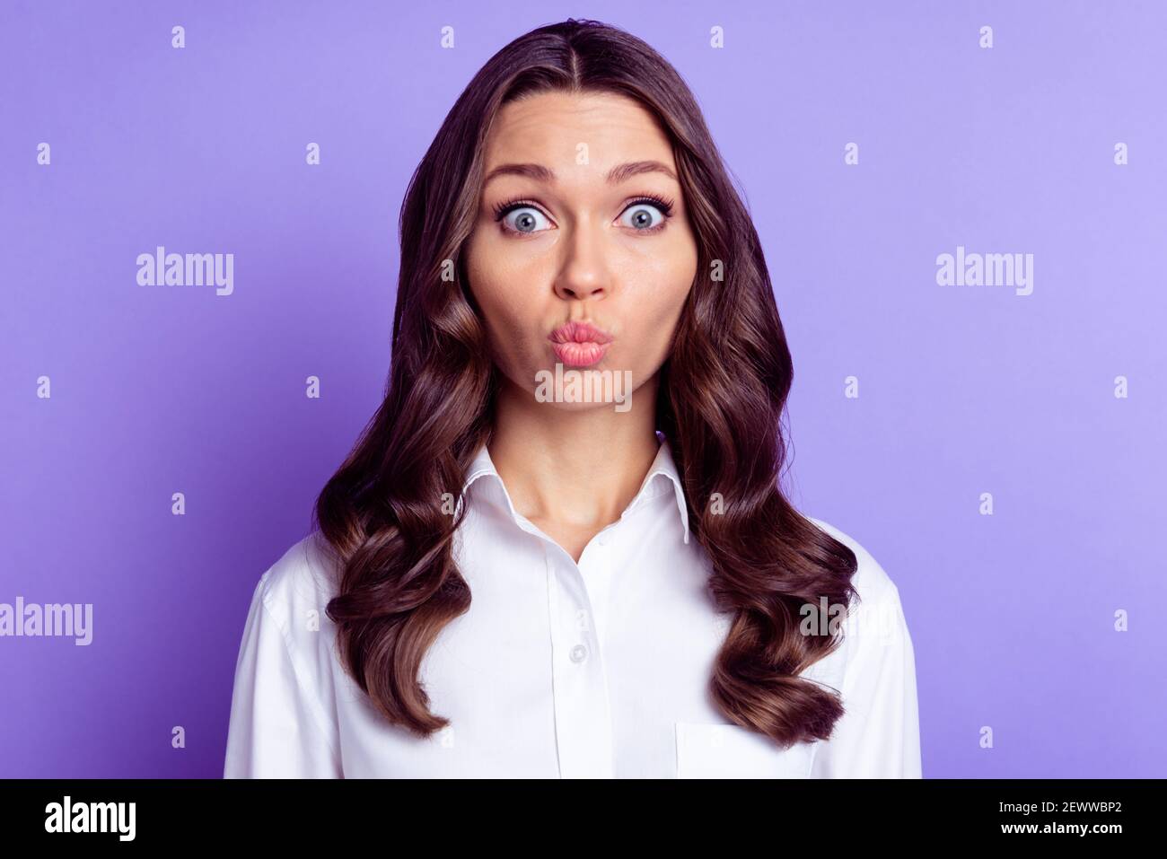 Photo of romantic flirty lady look camera send air kiss wear white ...