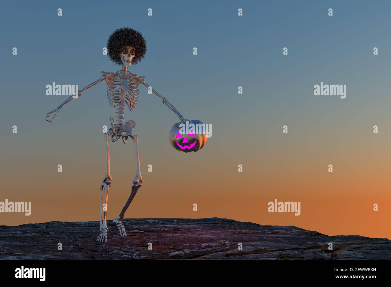 A 3D rendering illustration of a skeleton with afro hair holding a ...