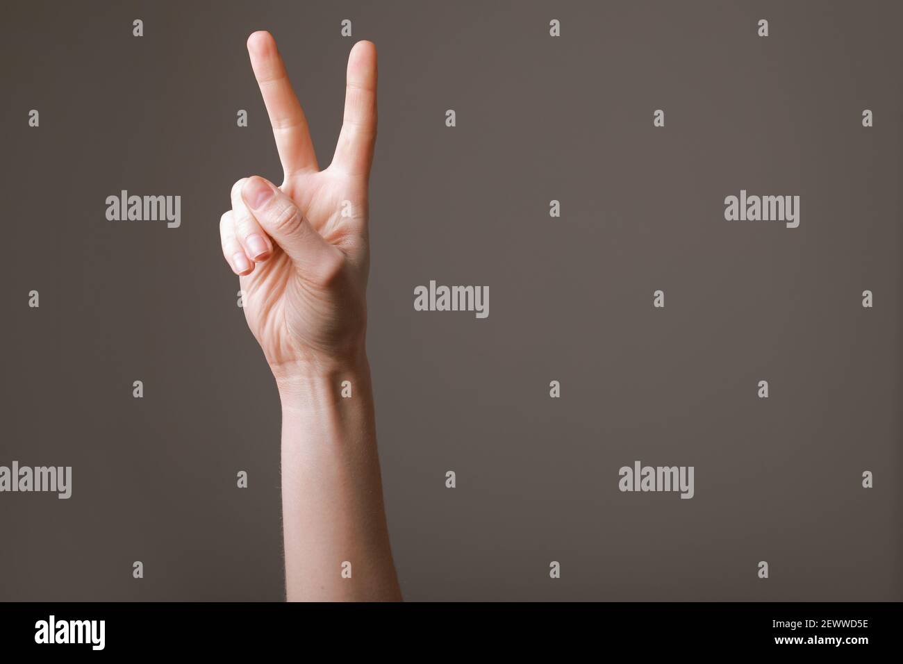 Woman hands isolated showing victory sign on grey background, gesture ...
