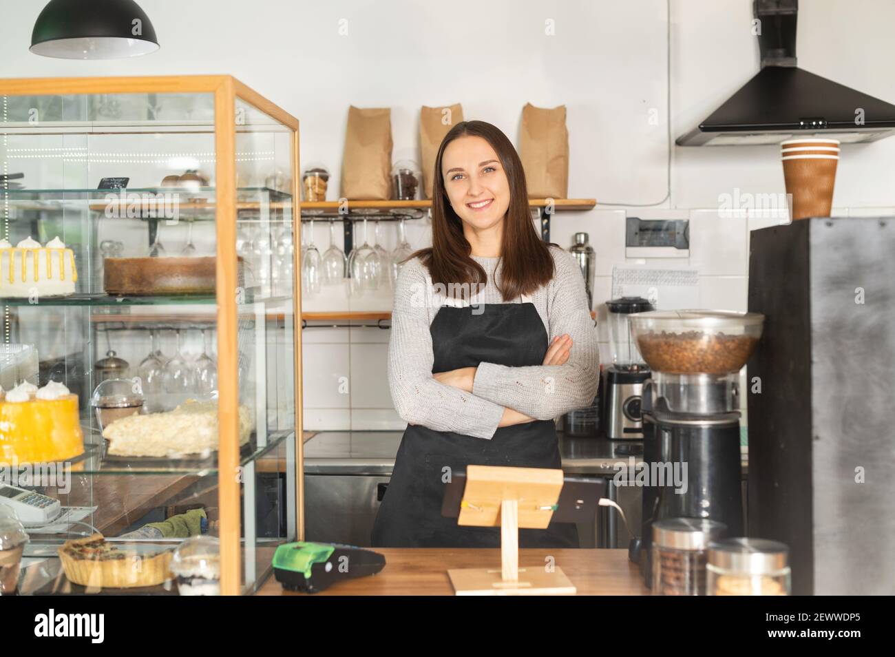 Confident female business owner standing at the counter of a restaurant ...