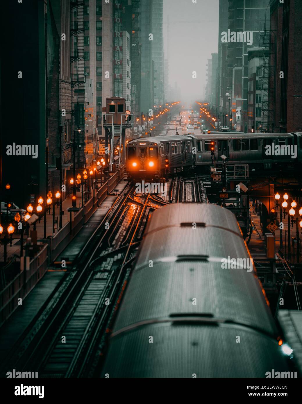 A beautiful shot of two speeding trains moving in opposite directions ...