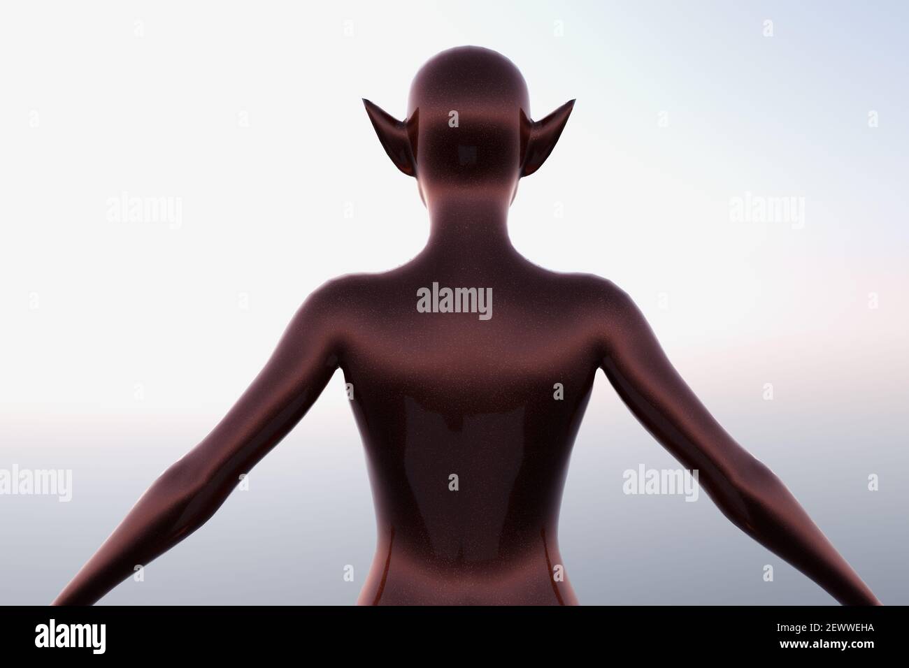 A 3D rendering of the back of a deformed elf-like mannequin with no ...