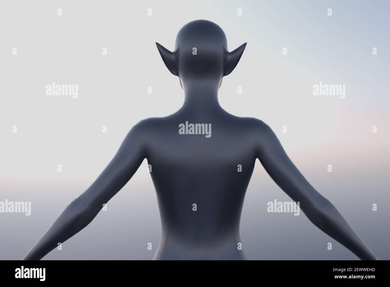 A 3D rendering of the back of a deformed elf-like mannequin with no ...