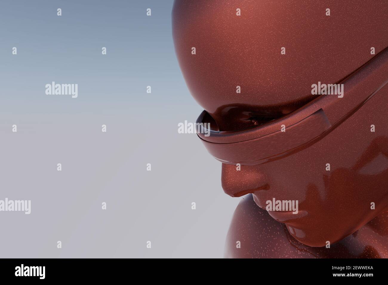 A 3D rendering of the head of a deformed elf-like mannequin with no ...