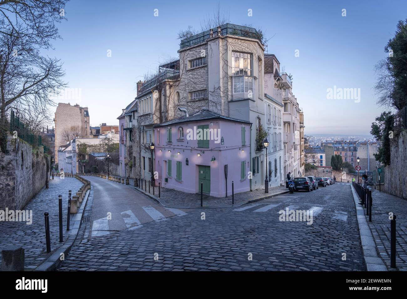 Paris, France - 02 26 2021: Montmartre district. The pink house at ...