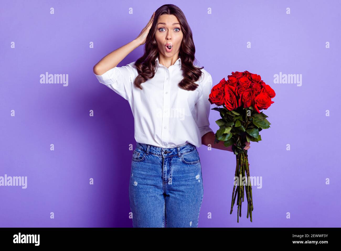 Photo of crazy shocked lady hold bouquet roses hand head open mouth ...