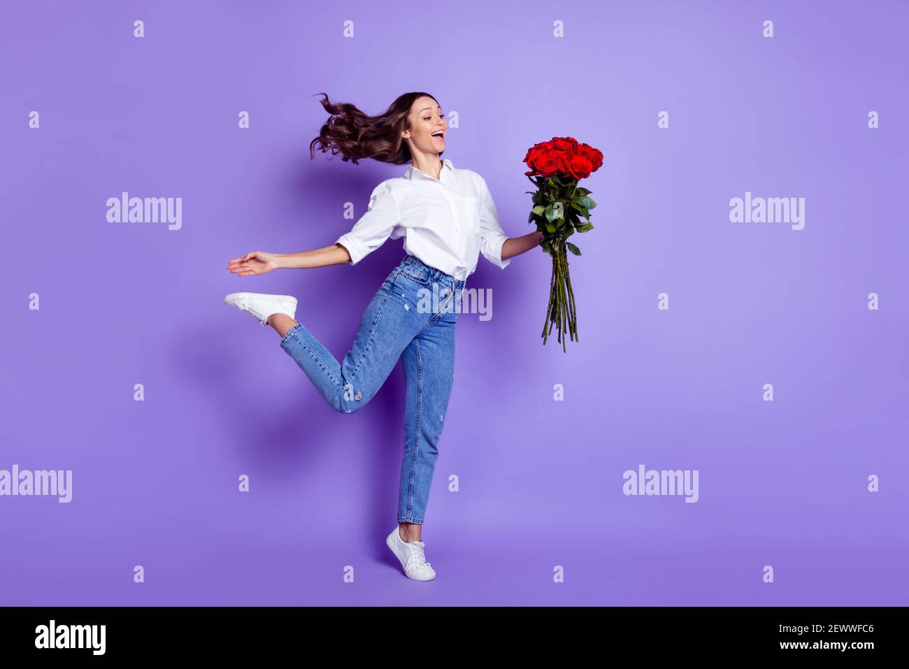 Profile photo of crazy lady stand tiptoe hold roses open mouth wear ...