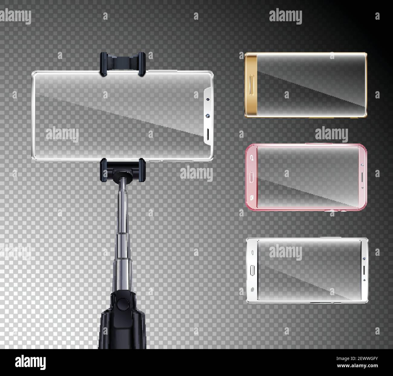 Last generation all screen smartphones realistic set with selfie stick ...