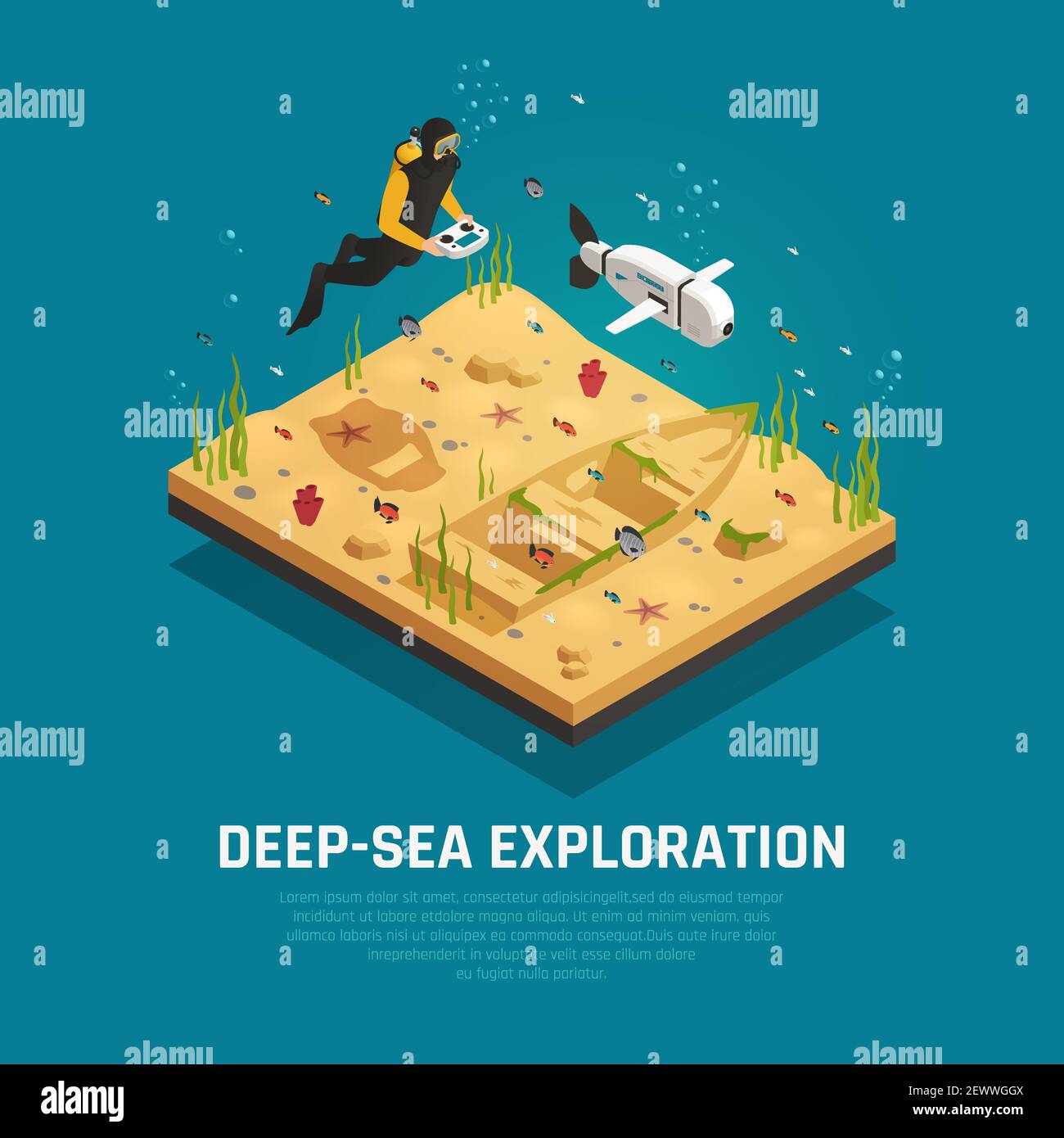 Bio robot fish for deep sea exploration isometric composition diver ...