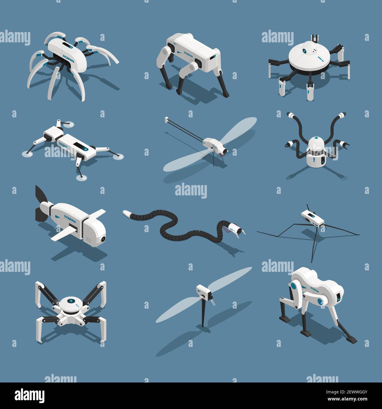 Set of isometric icons bio robots in form of animals isolated on blue ...
