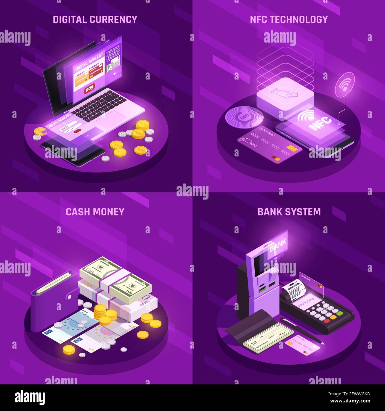 Payment methods isometric design concept with digital currency cash ...