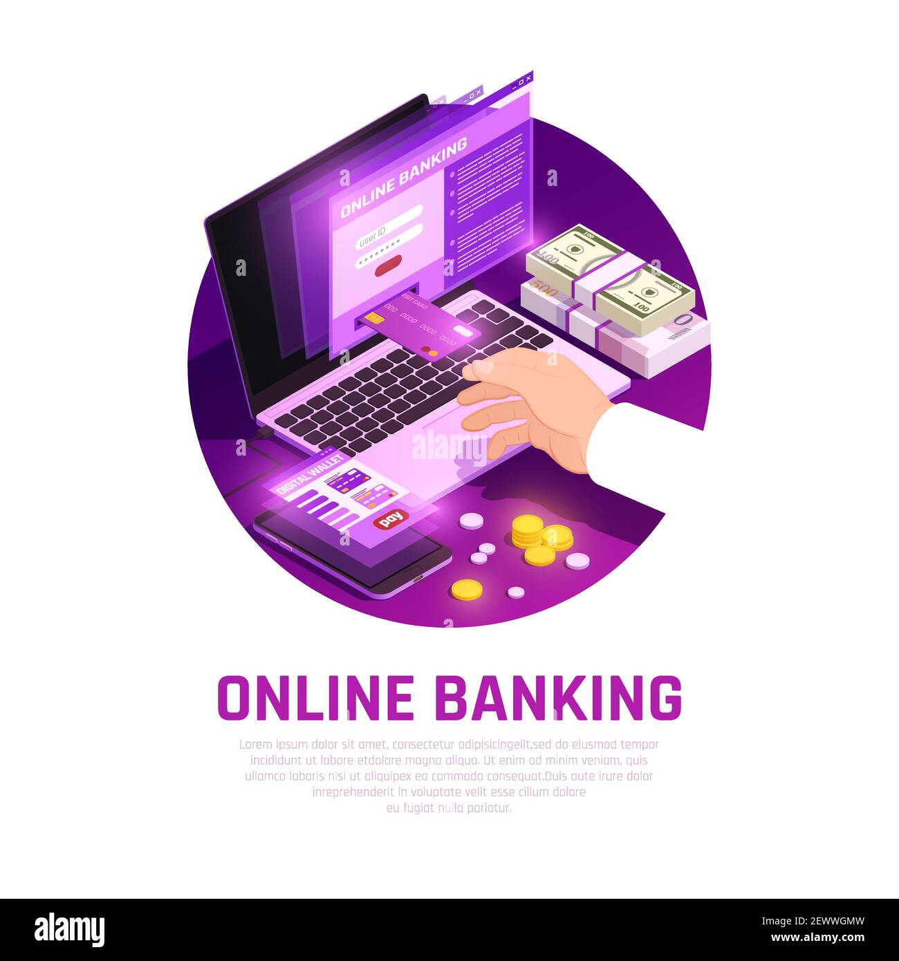 Online banking app with user interface elements for laptop and smart ...