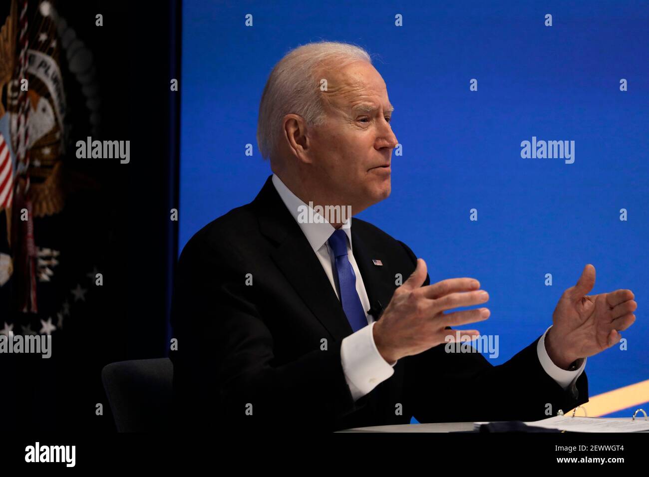 U.S. President Joe Biden participates in a virtual event with the House ...