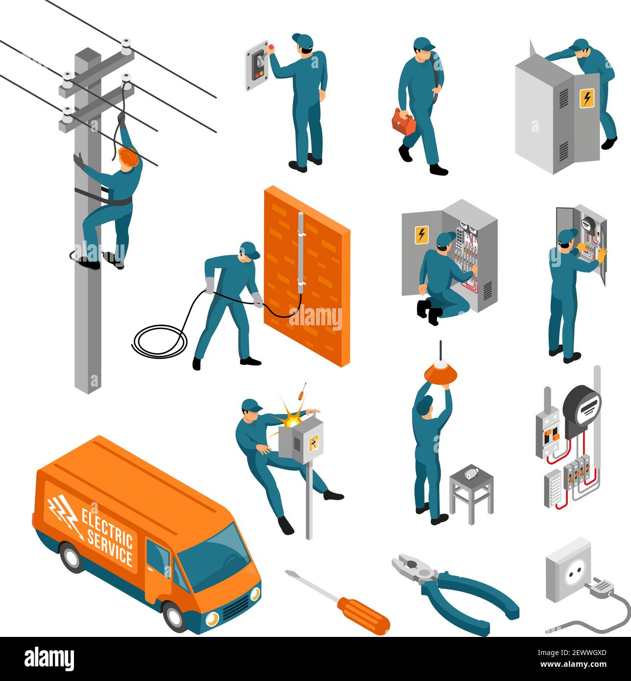 Isometric electrician profession set of isolated icons with tools ...