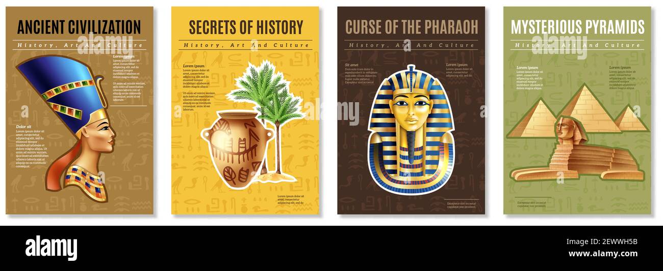 Egypt posters set with images of pharaoh tomb mysterious pyramid and ...