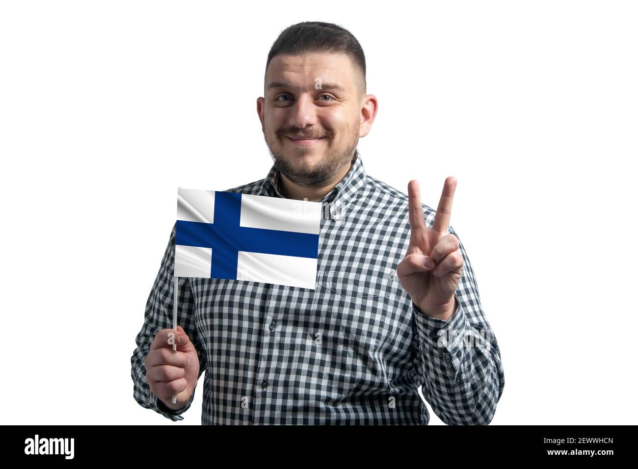 White guy holding a flag of Finland and shows two fingers isolated on a ...