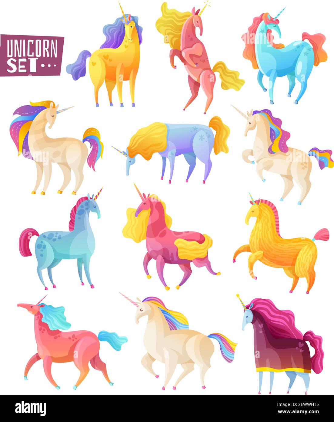 Collection of magic unicorns in different poses painted in various ...