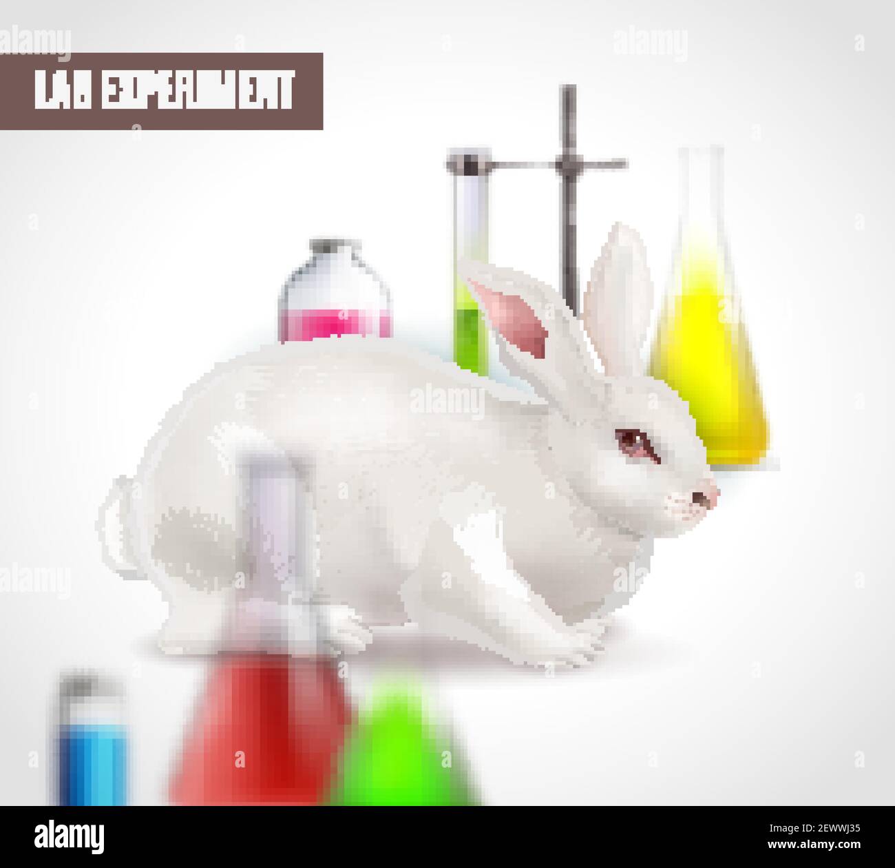 Scientific lab experiment poster with white rabbit and tubes with ...