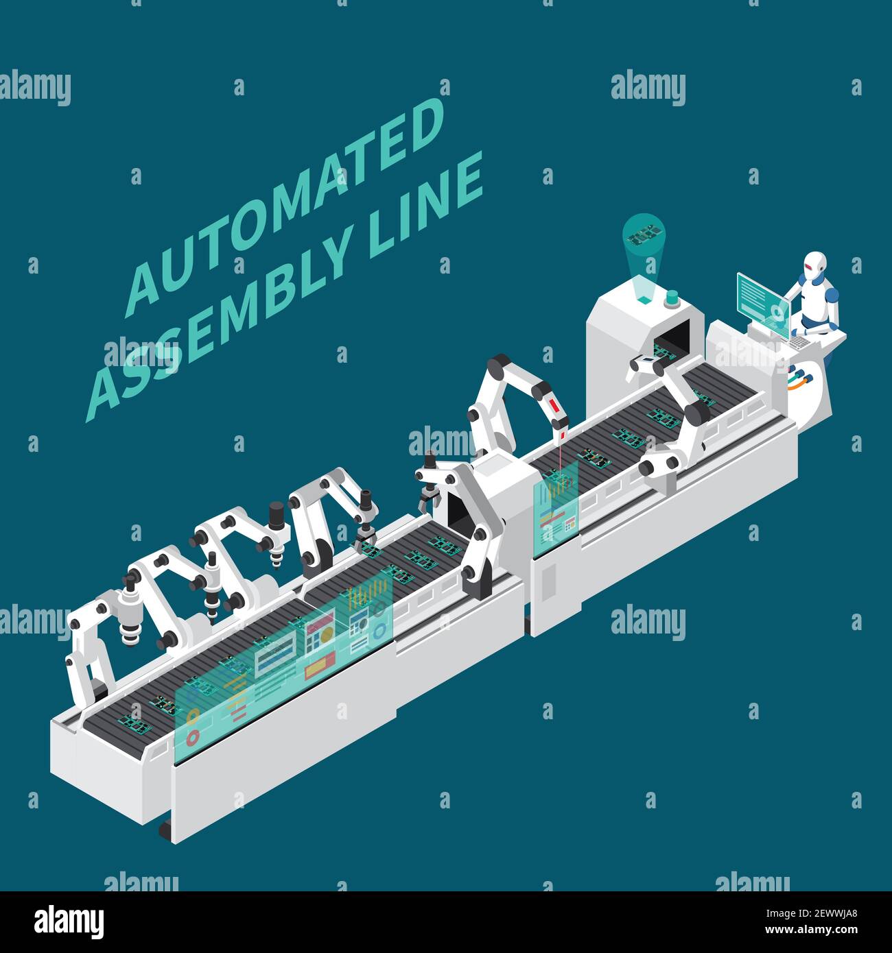 Industrial robots automation isometric composition with editable text ...