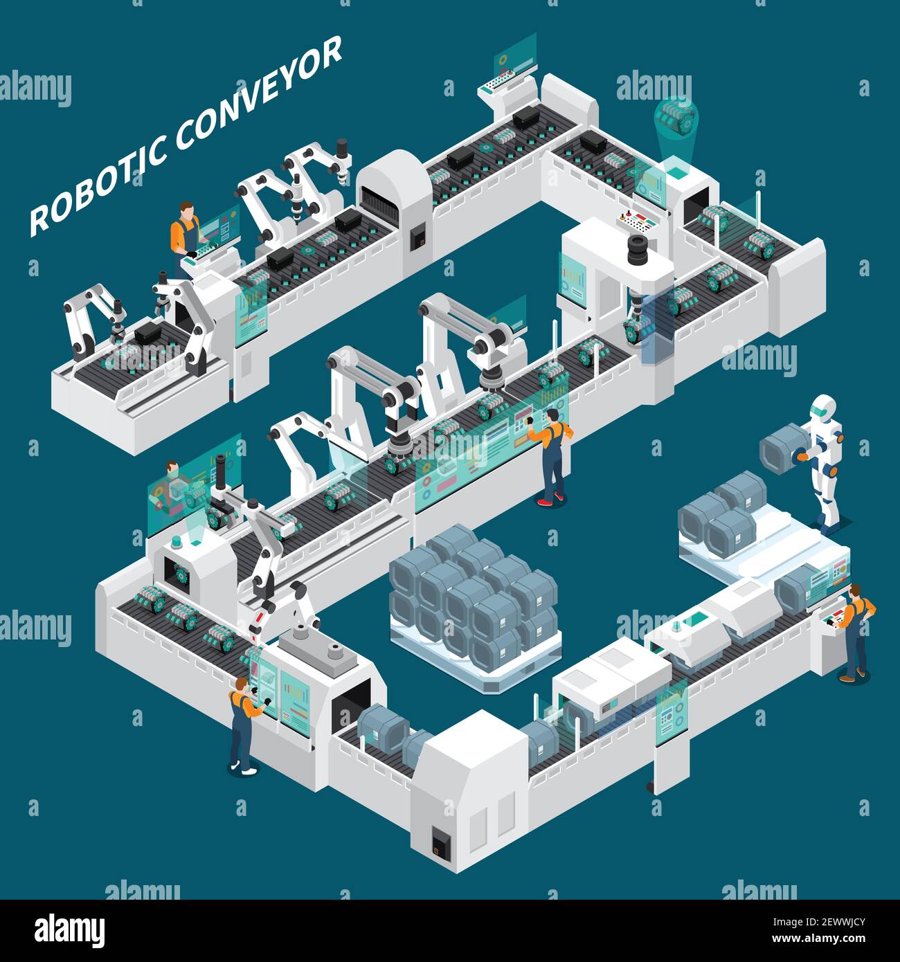 Industrial robots automation isometric composition with human characters and robotic arm ...