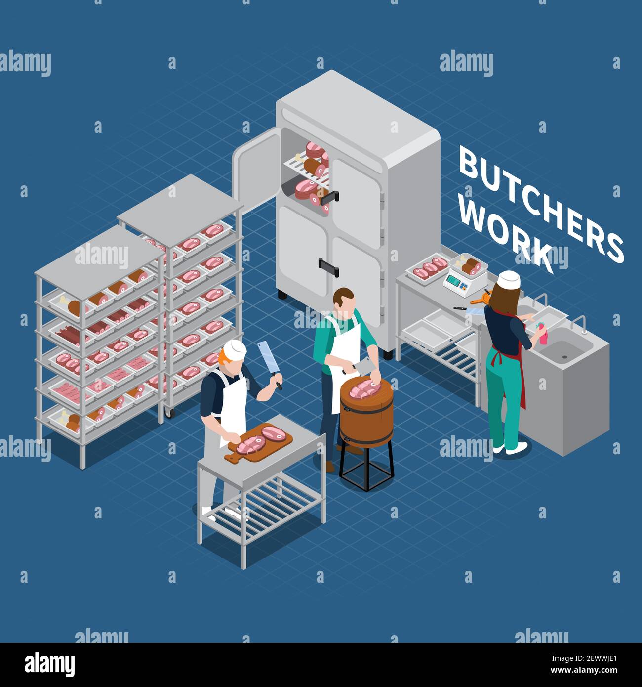 Butchery sausage shop isometric composition of editable text and human ...